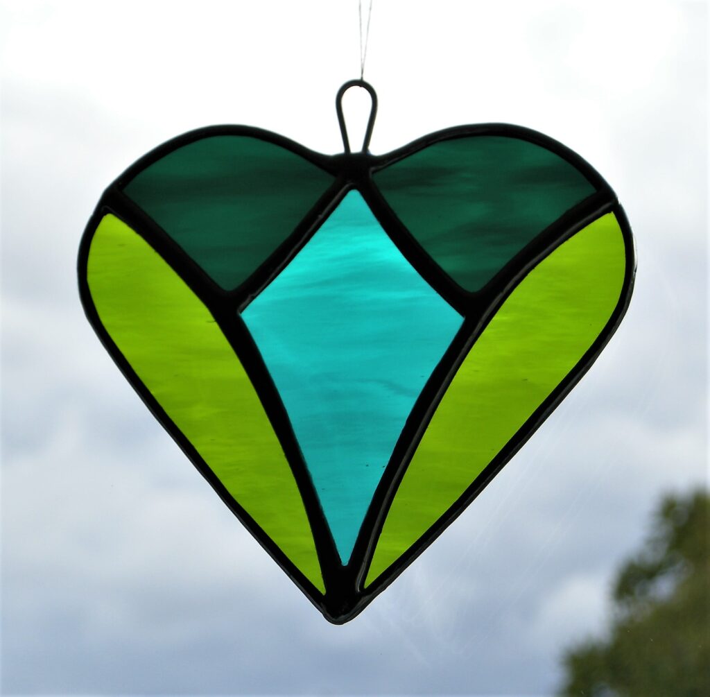 Stained Glass (Love Heart G1) in three shades of green rippling water ...