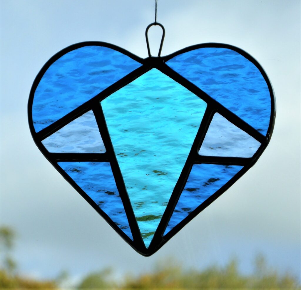 Stained Glass (Love Heart B1) in three shades of blue textured glass ...