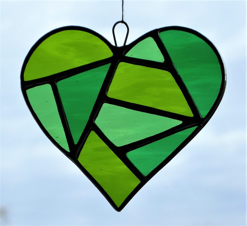 Stained Glass Love Heart in three shades of green rippling water glass ...